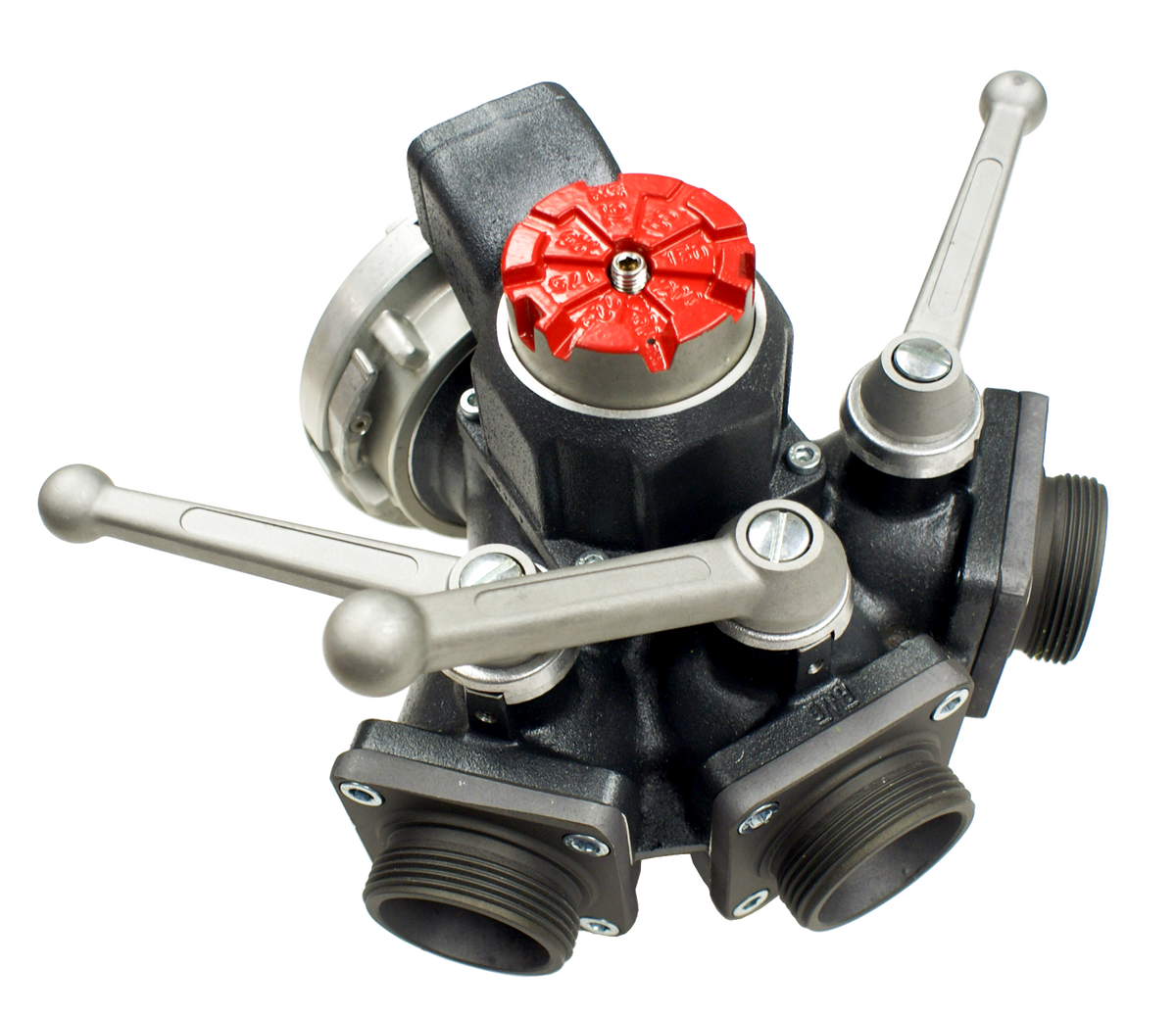 H300 3-way ball valve 5" NH female Swivel rocker lug inlet x (3) 2.5 ...